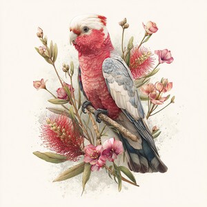 Galah Bird Watercolor Clipart: Pink Parrot Floral Art (digital Download ...