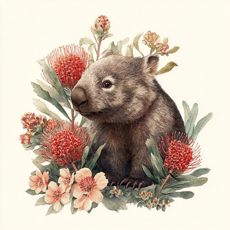 Australian Wombat Watercolor Clipart: Australian Bottlebrush & Banksia ...