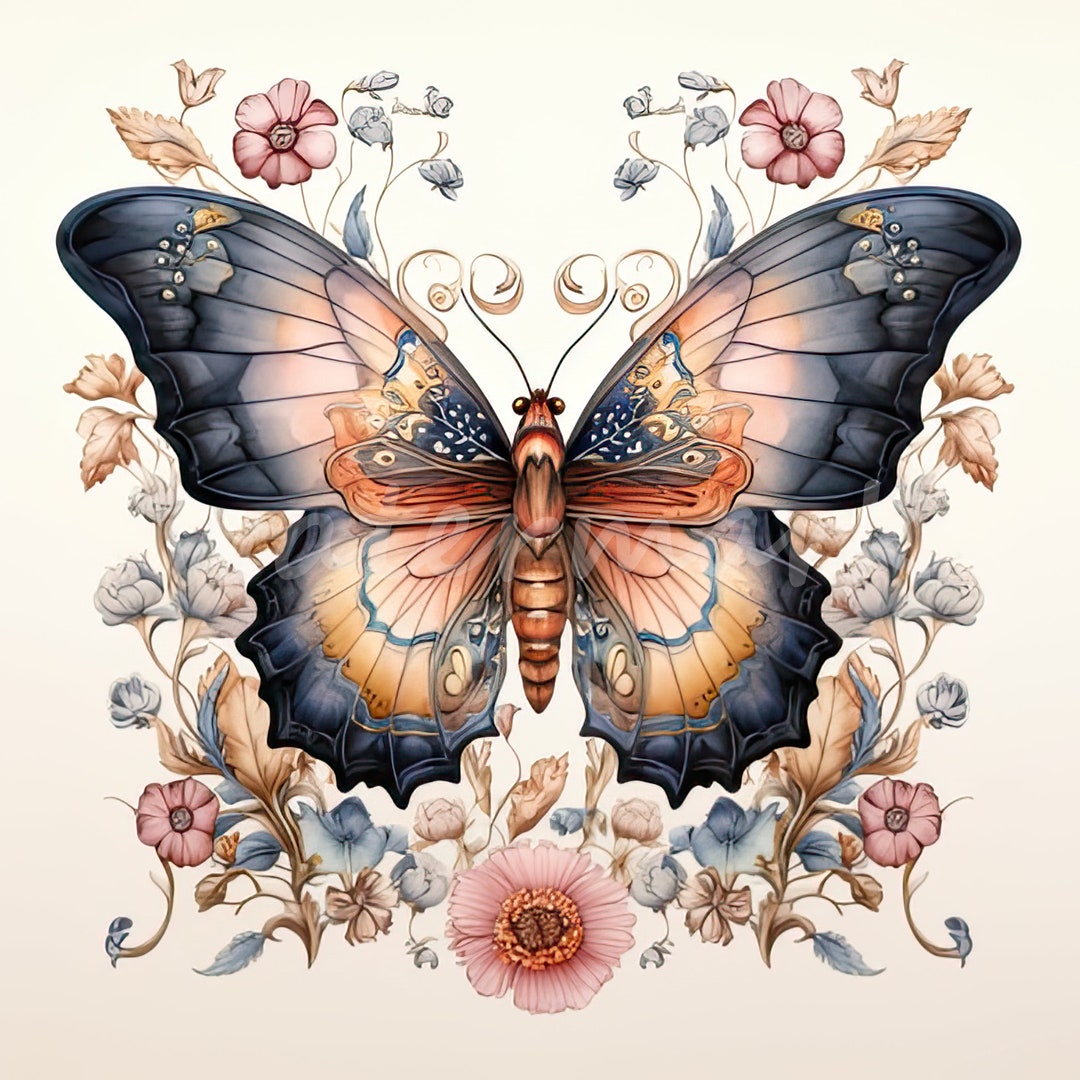 Butterfly With Flowers PNG Clipart, Butterfly PNG Junk Journals 300 DPI ...