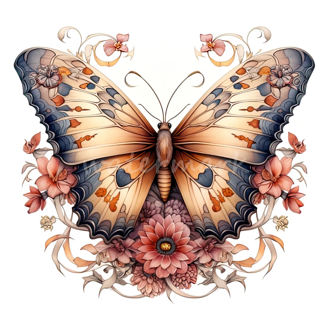 Butterfly With Flowers PNG Clipart, Butterfly PNG Junk Journals 300 DPI ...