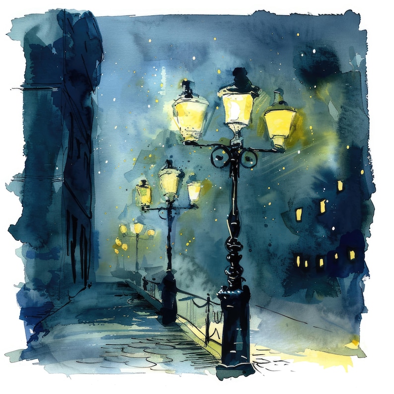 Watercolor European City Nightscape Clipart: Lantern Lit Streets ...