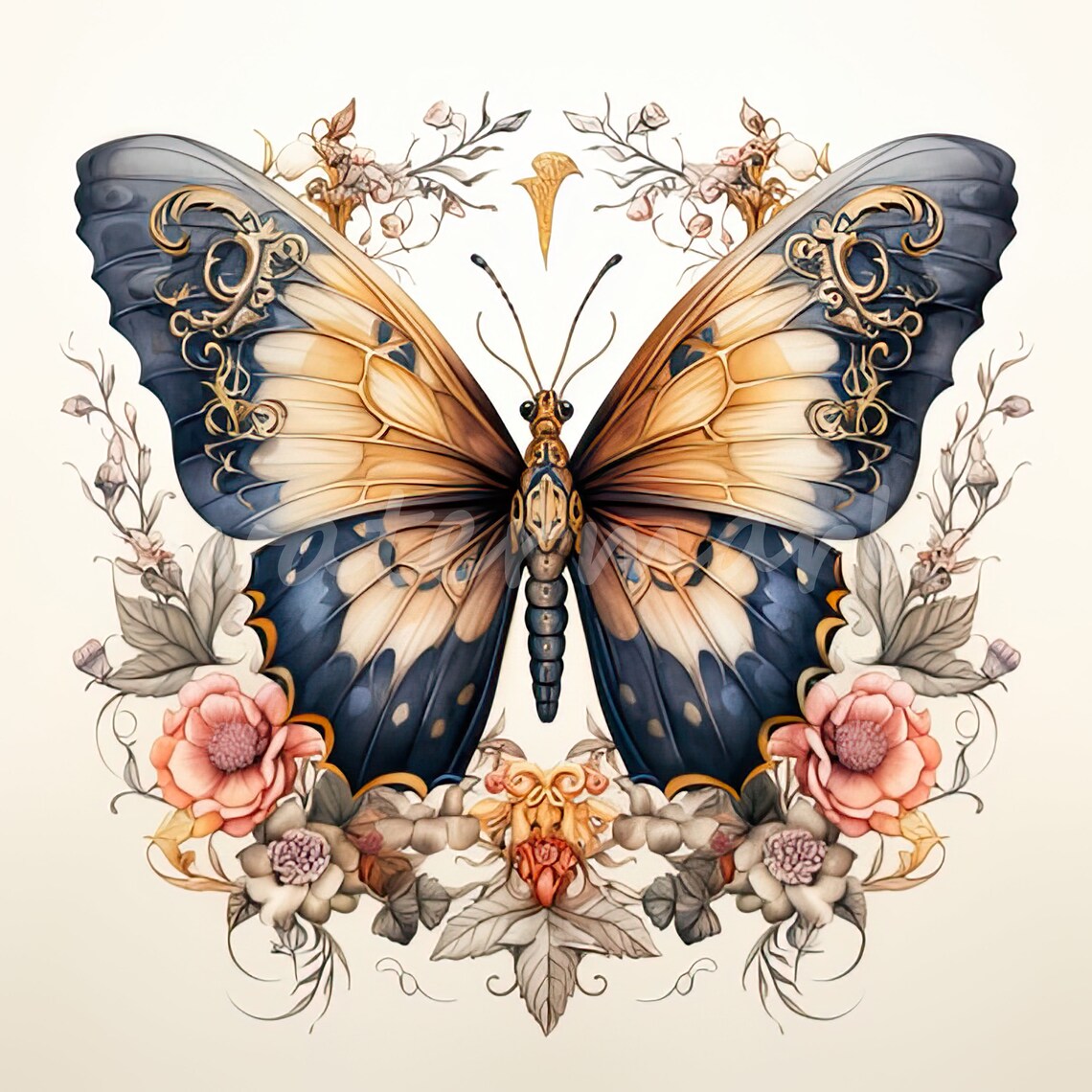 Butterfly With Flowers PNG Clipart, Butterfly PNG Junk Journals 300 DPI ...