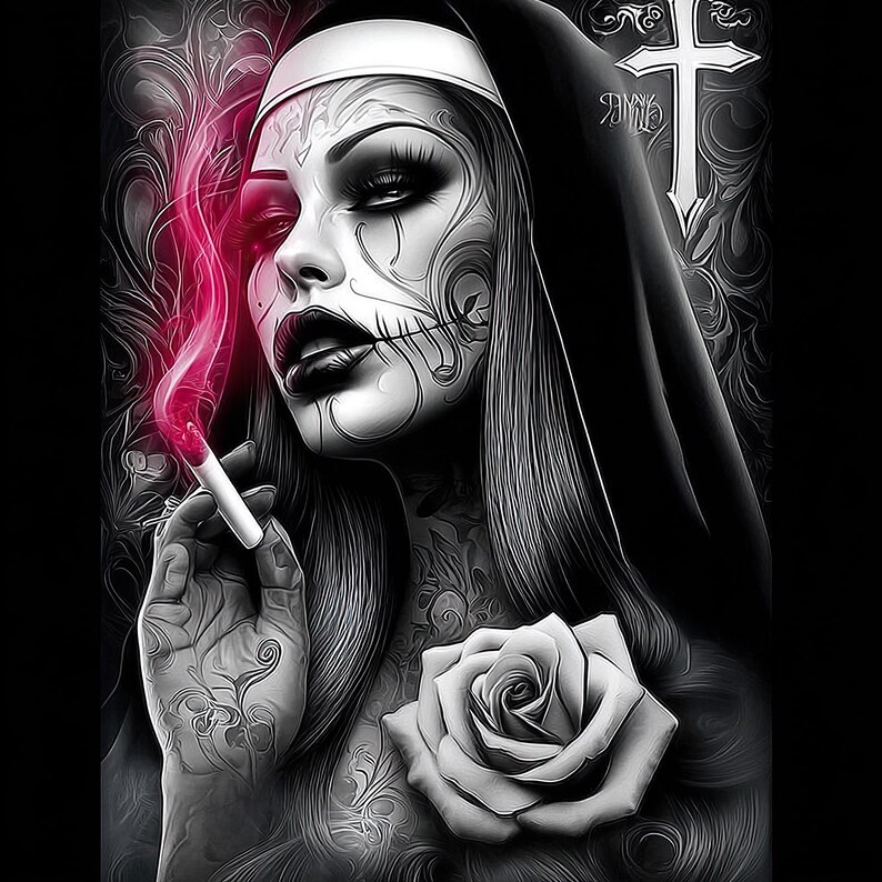 Smoking Nun With Gothic Rose | 12 Images Instant Download | Neon Pink Smoke, Black Tears - Etsy