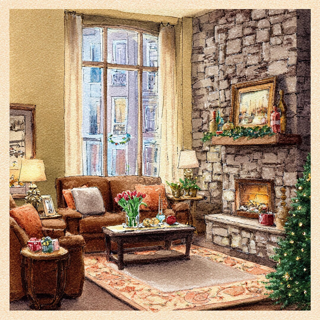 Watercolor Home Interior Clipart Set: Living Room & Kitchen (digital ...