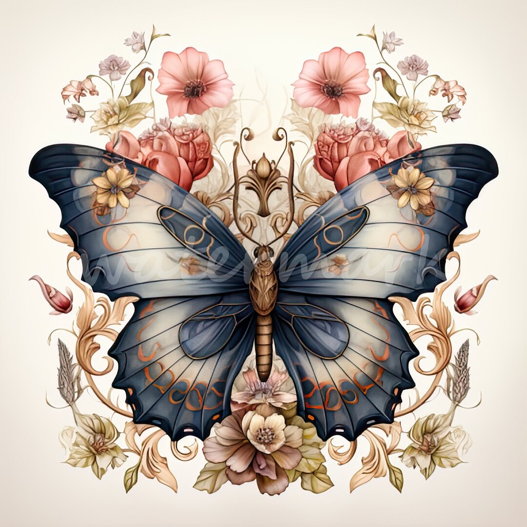 Butterfly With Flowers PNG Clipart, Butterfly PNG Junk Journals 300 DPI ...