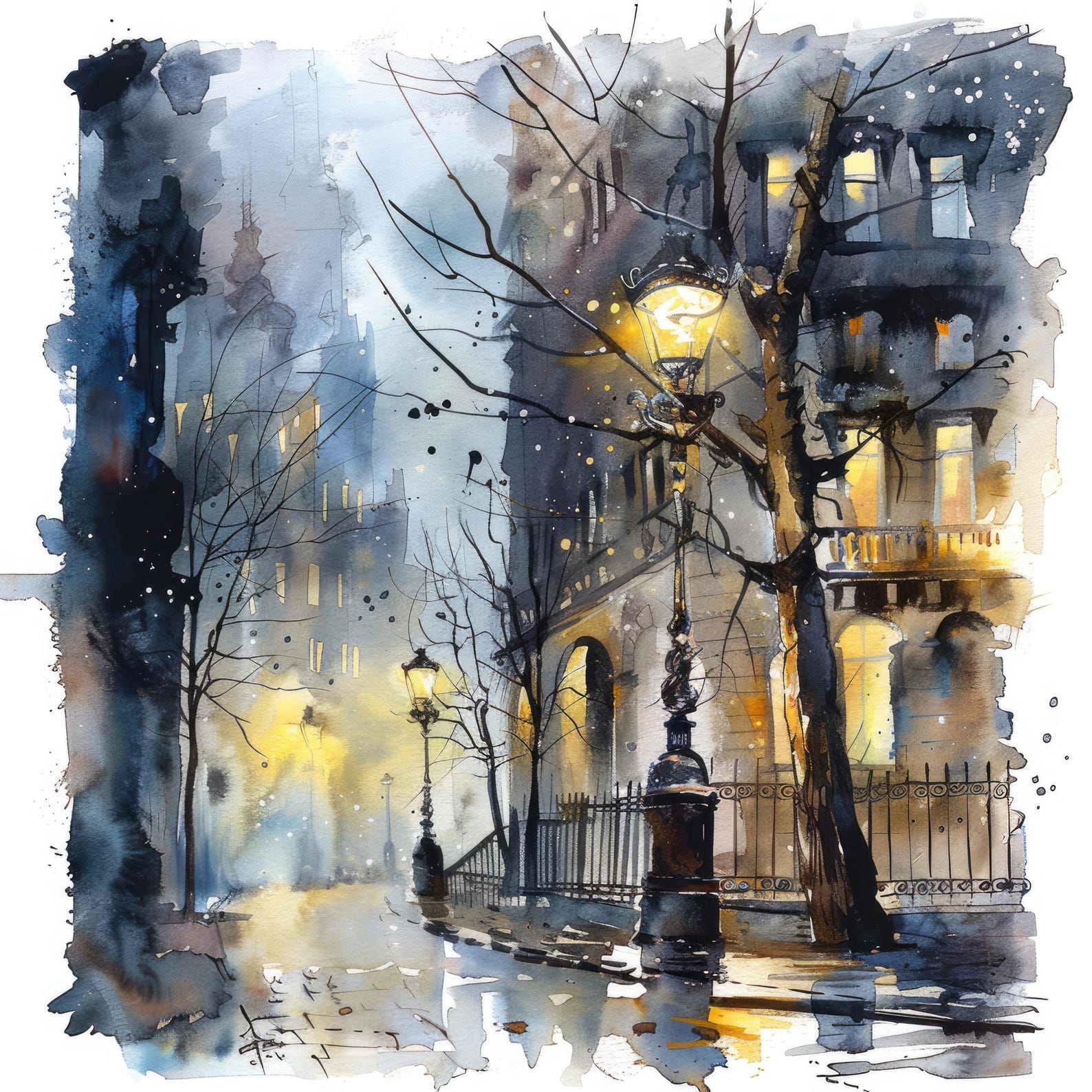 Watercolor European City Nightscape Clipart: Lantern Lit Streets ...