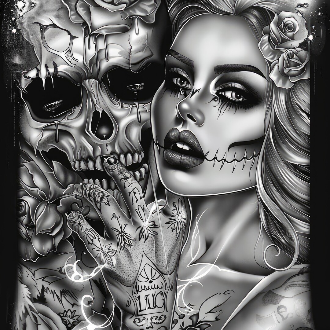 Attractive Woman Skull Chicano Art Clipart, 12 High Quality Jpgs ...