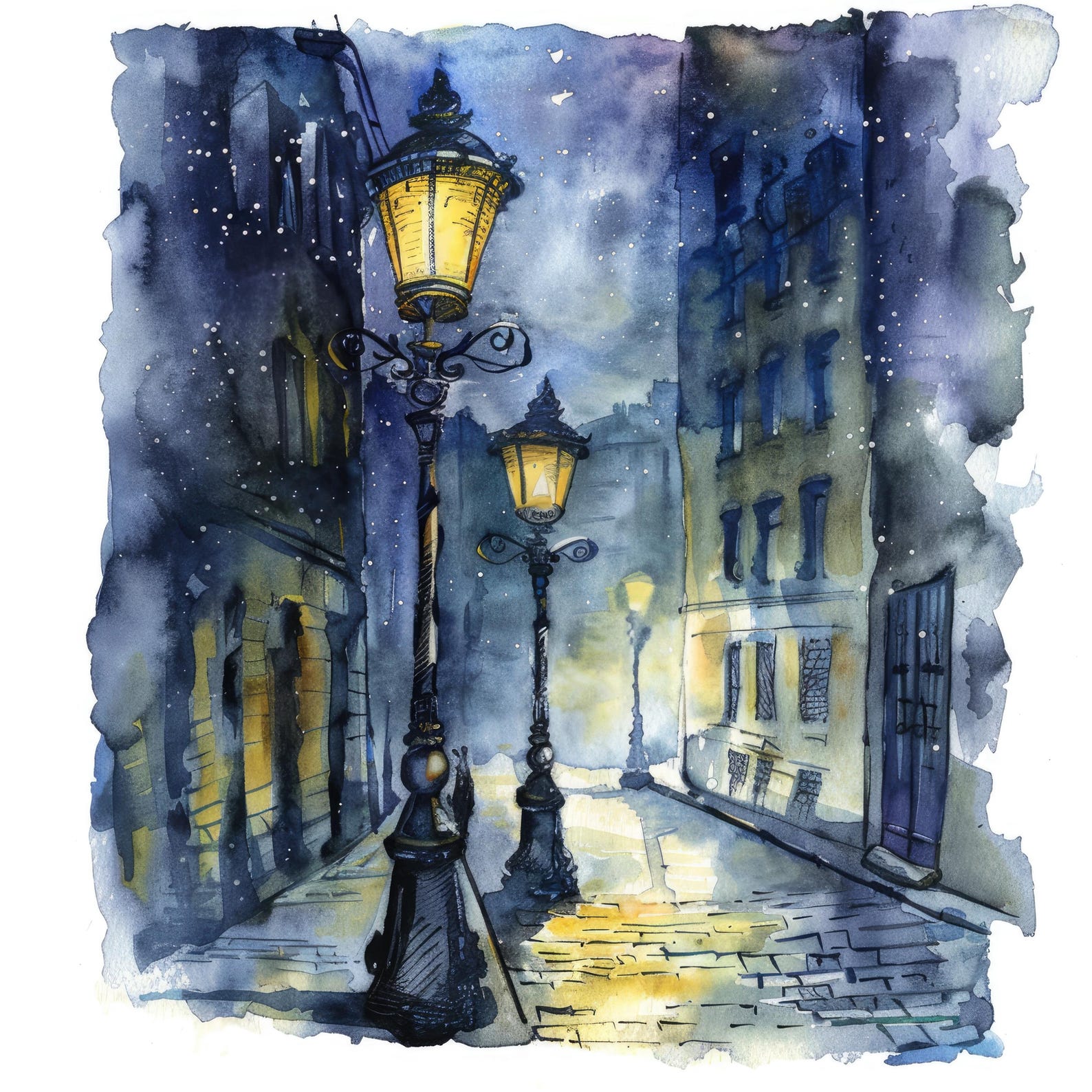 Watercolor European City Nightscape Clipart: Lantern Lit Streets ...