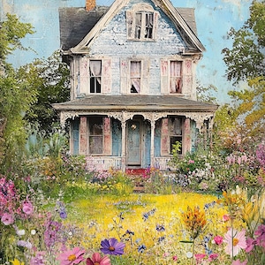 Whimsical Farmhouse Art Prints: Quirky Mixed Media Houses (digital ...