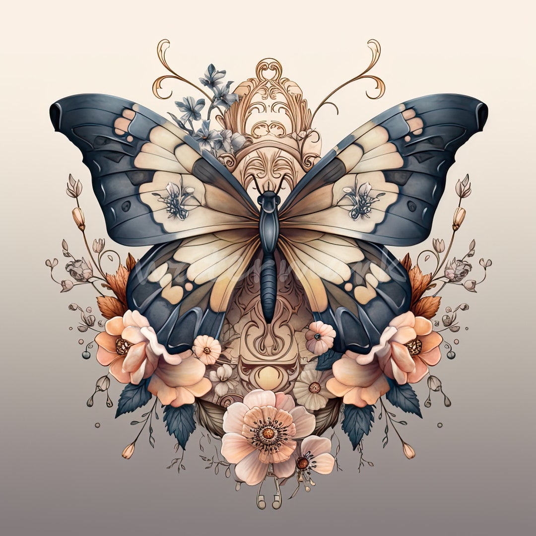 Butterfly With Flowers PNG Clipart, Butterfly PNG Junk Journals 300 DPI ...
