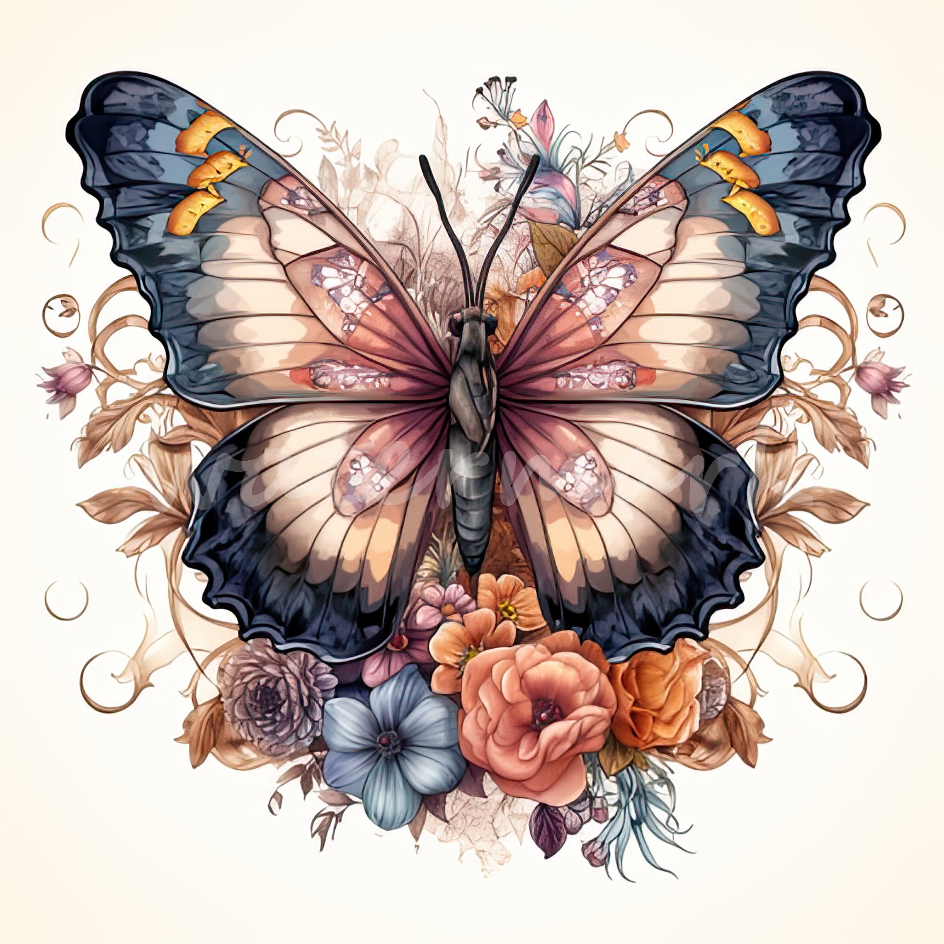 Butterfly With Flowers PNG Clipart, Butterfly PNG Junk Journals 300 DPI ...