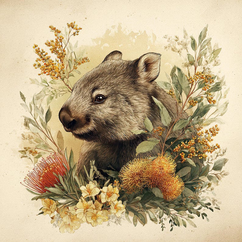 Wombat Watercolor Clipart: Australian Art, Bottlebrush & Banksia ...
