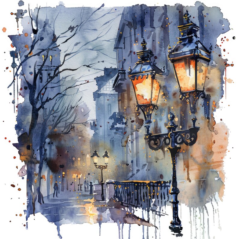 Watercolor European City Nightscape Clipart: Lantern Lit Streets ...