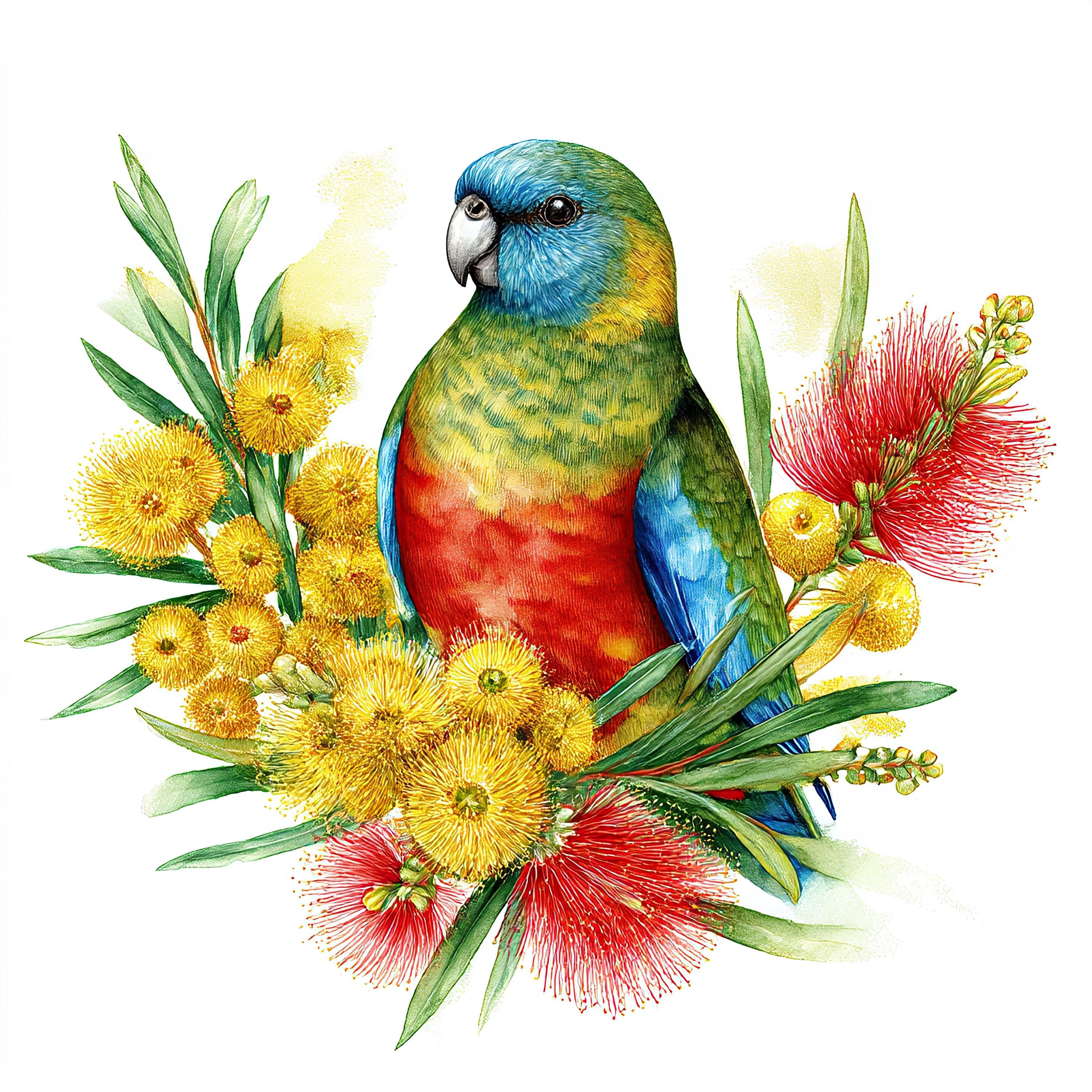 Scarlet Chested Parrot Watercolor Clipart - 12 High-res Jpgs, Floral ...