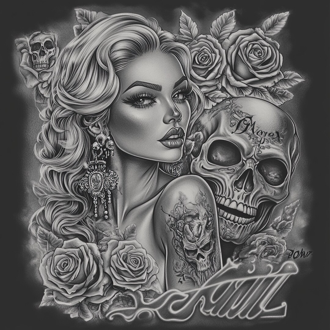 Attractive Woman Skull Chicano Art Clipart, 15 High Quality Jpgs ...