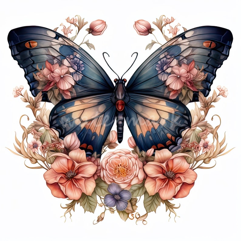 Butterfly With Flowers PNG Clipart, Butterfly PNG Junk Journals 300 DPI ...