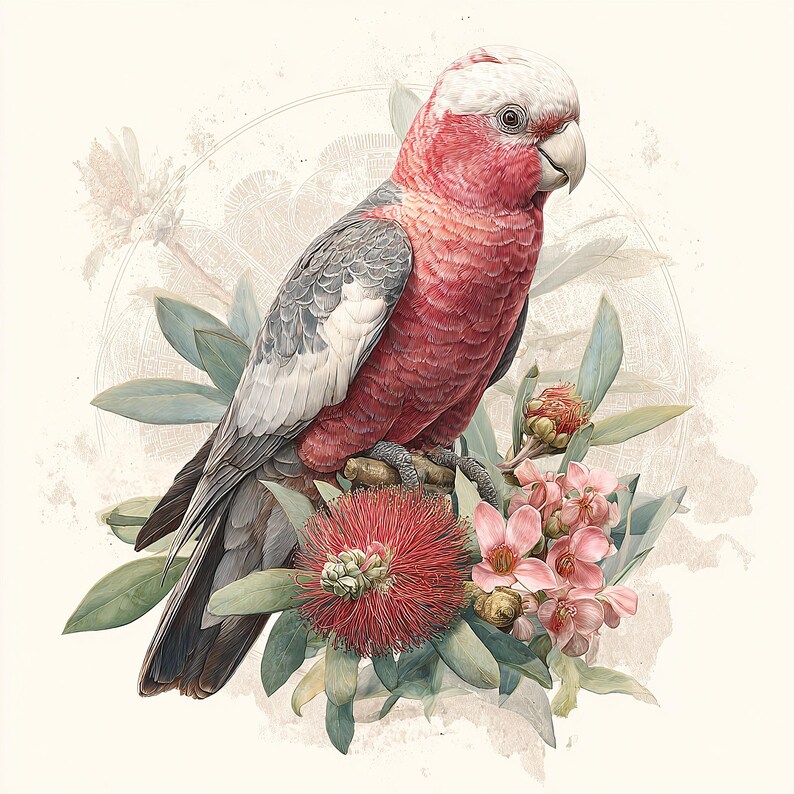 Galah Bird Watercolor Clipart: Pink Parrot Floral Art (digital Download ...