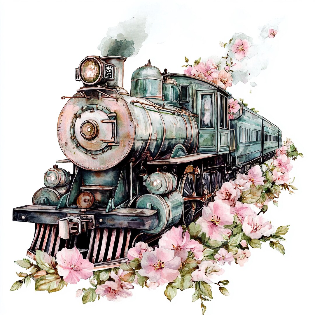 Watercolor Floral Steam Train Clipart: Vintage Locomotive Art (digital ...