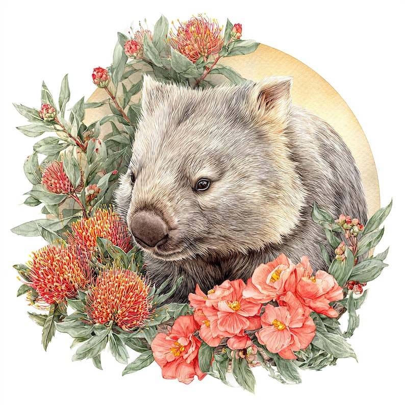 Wombat Watercolor Clipart: Australian Art, Bottlebrush & Banksia ...