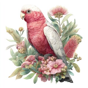 Galah Bird Watercolor Clipart: Pink Parrot Floral Art (digital Download ...