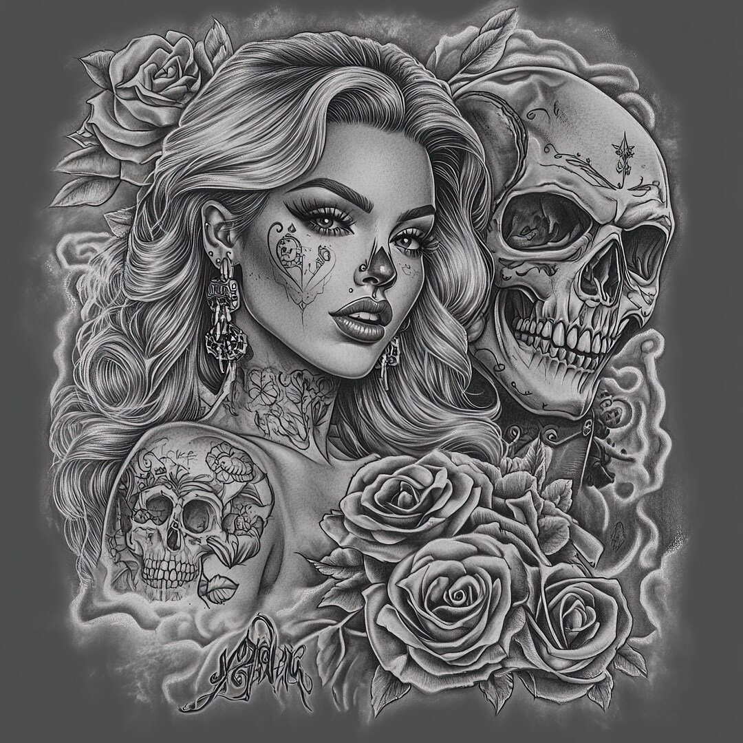 Gorgeous Woman Skull Chicano Art Clipart, 15 High Quality Jpgs, Mexican ...
