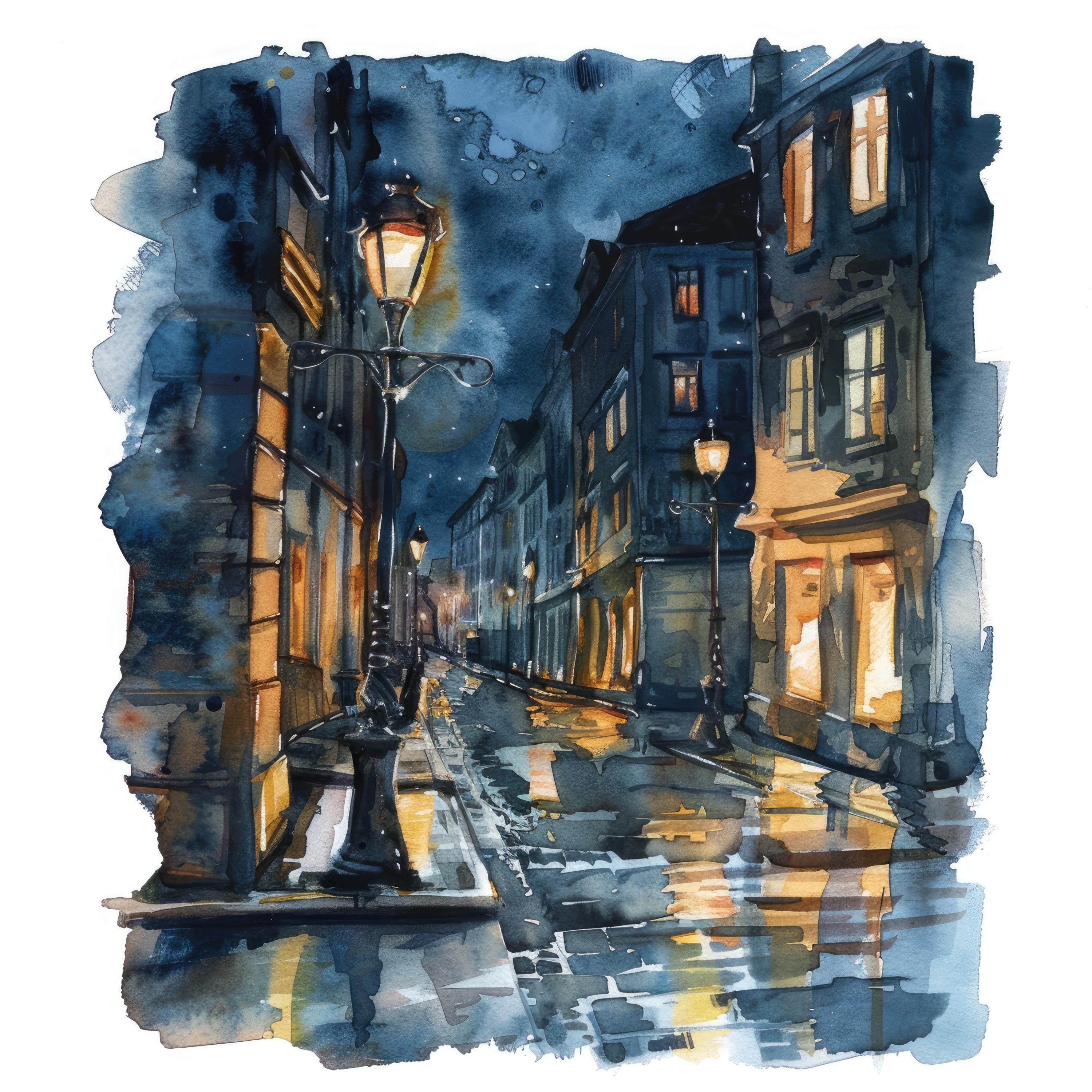 Watercolor European City Nightscape Clipart: Lantern Lit Streets ...