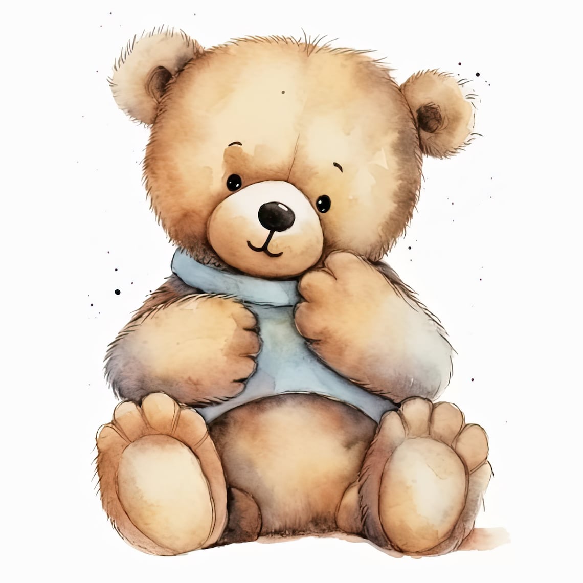 Teddy Bear Clipart: Watercolor Baby Bear With Blue Bow (digital ...