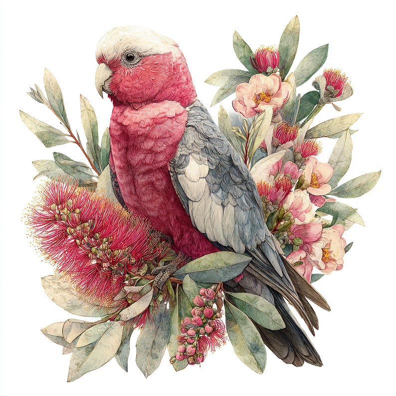 Galah Bird Watercolor Clipart: Pink Parrot Floral Art (digital Download ...