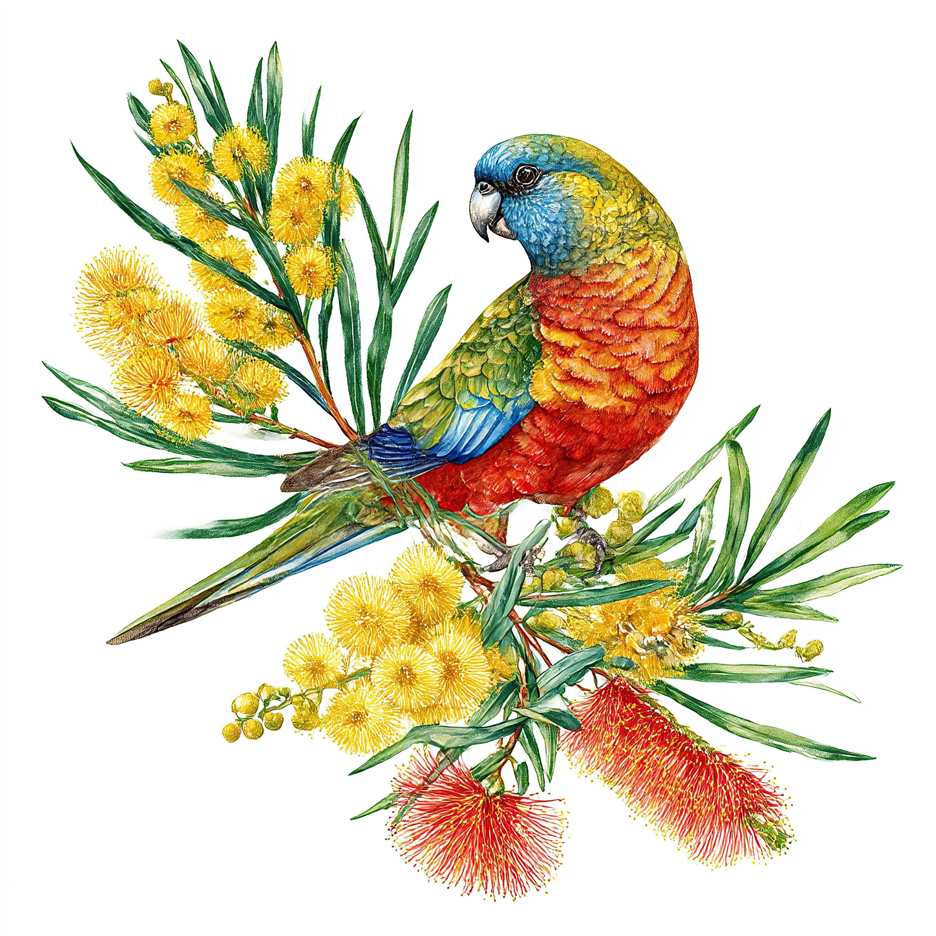 Scarlet Chested Parrot Watercolor Clipart - 12 High-res Jpgs, Floral ...