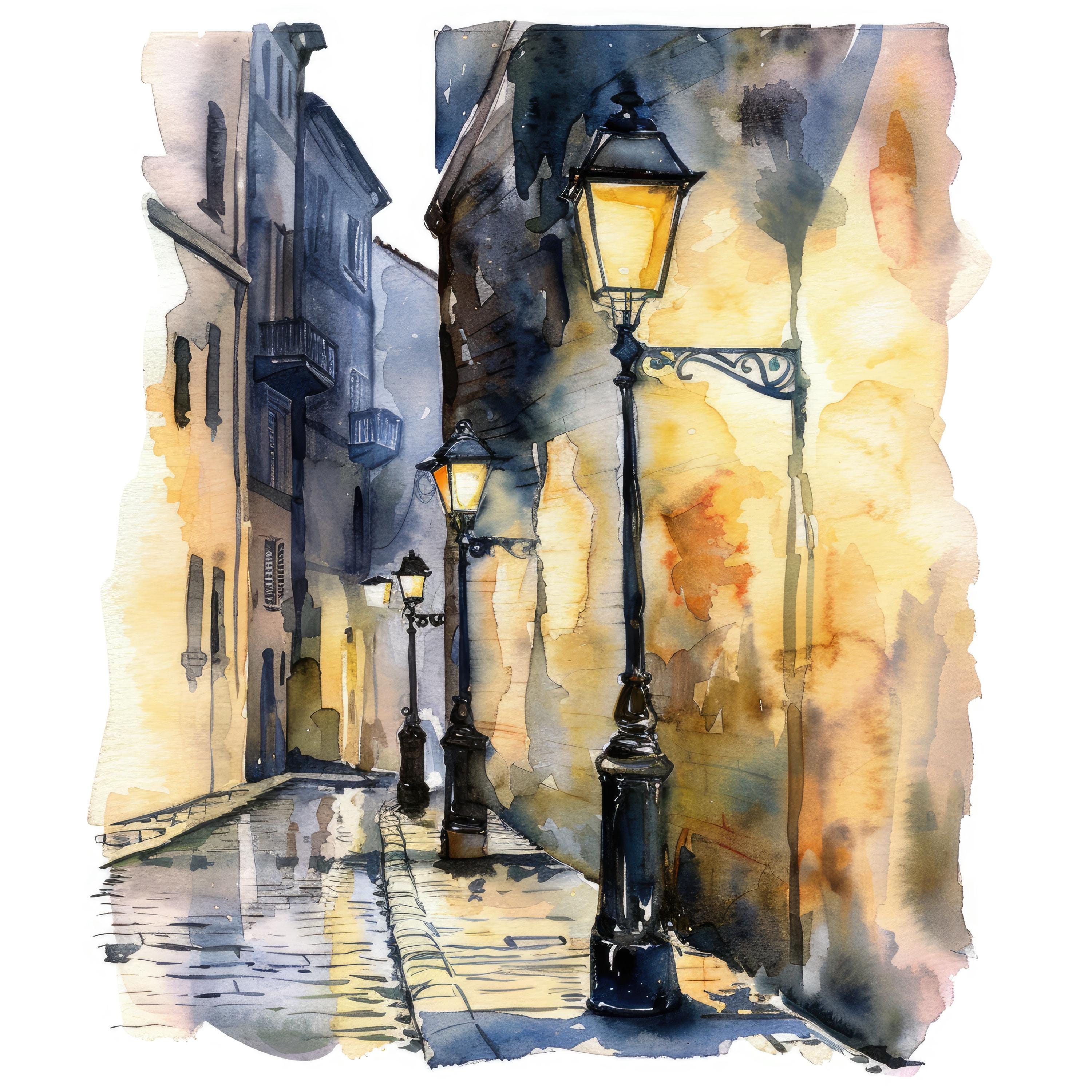Watercolor European City Nightscape Clipart: Lantern Lit Streets ...