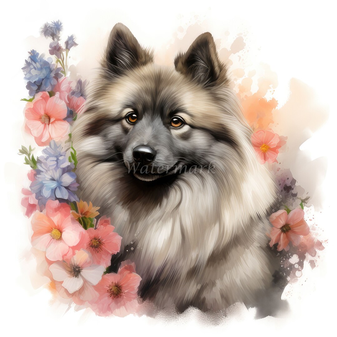 Cute Keeshond Dog With Flowers Clipart, 12 High Quality Jpgs Junk ...