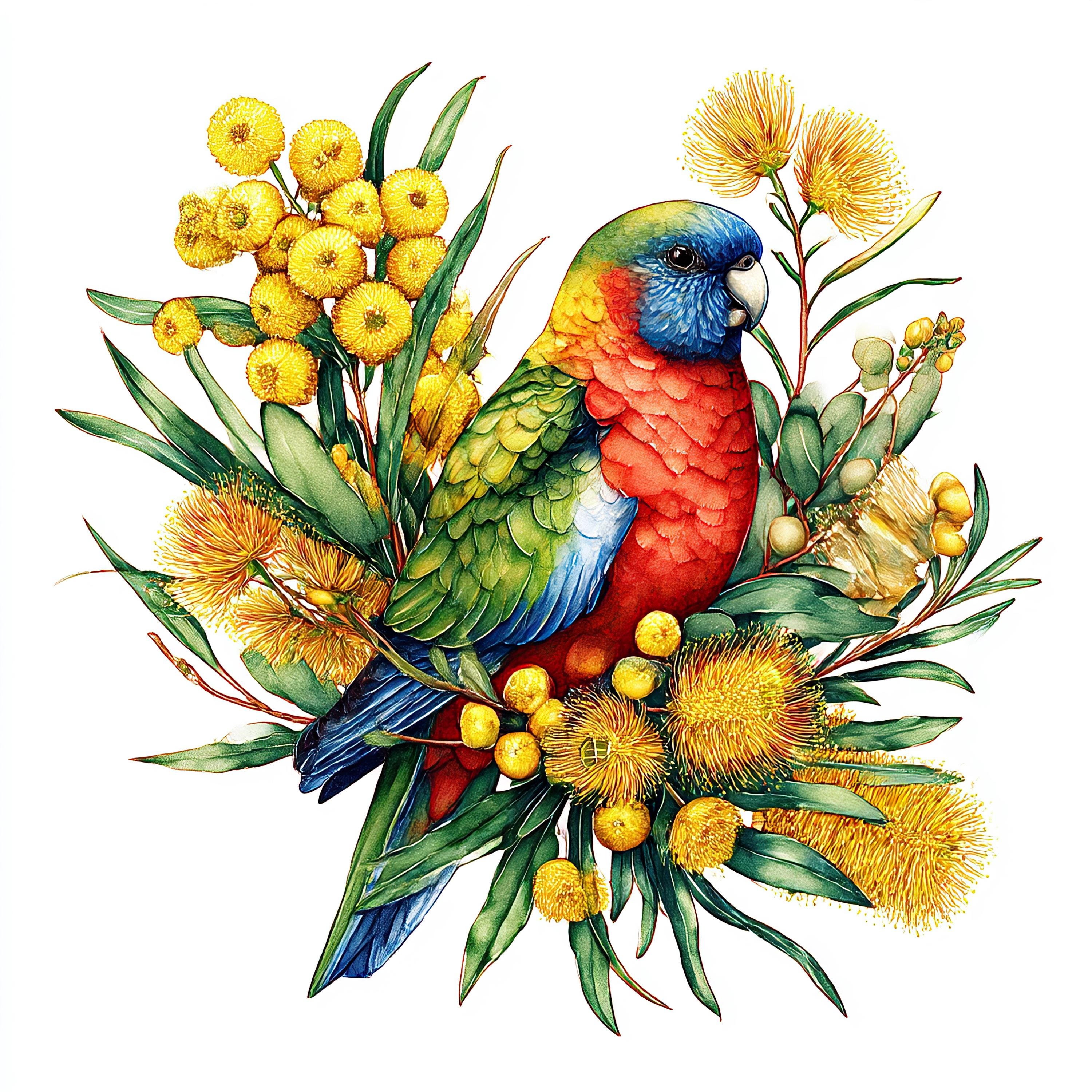 Scarlet Chested Parrot Watercolor Clipart - 12 High-res Jpgs, Floral ...