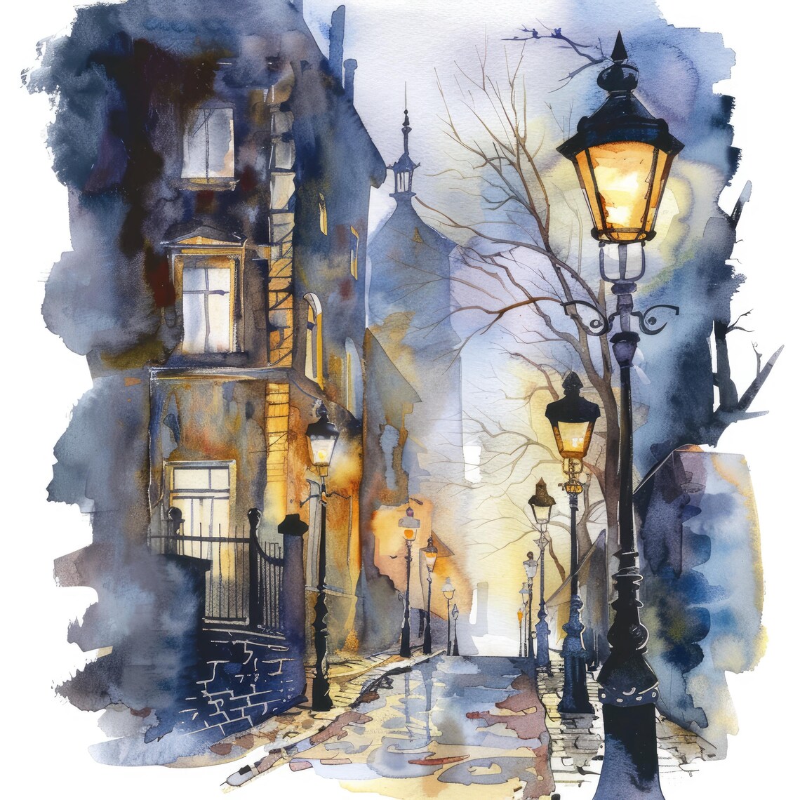 Watercolor European City Nightscape Clipart: Lantern Lit Streets ...