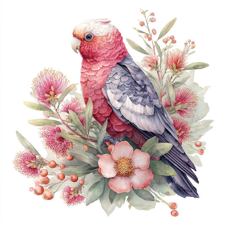 Galah Bird Watercolor Clipart: Pink Parrot Floral Art (digital Download ...