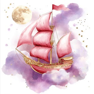 Pink Cartoon Ship Clipart Bundle, 16 Cute Nautical JPG Images, Adorable ...