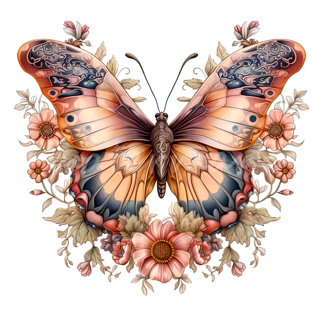 Butterfly With Flowers PNG Clipart, Butterfly PNG Junk Journals 300 DPI ...