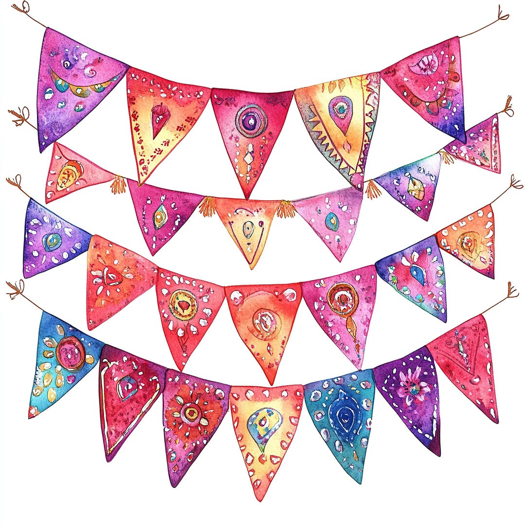 Watercolor Bunting Flags Clipart Bundle, 16 High Quality JPG Images ...