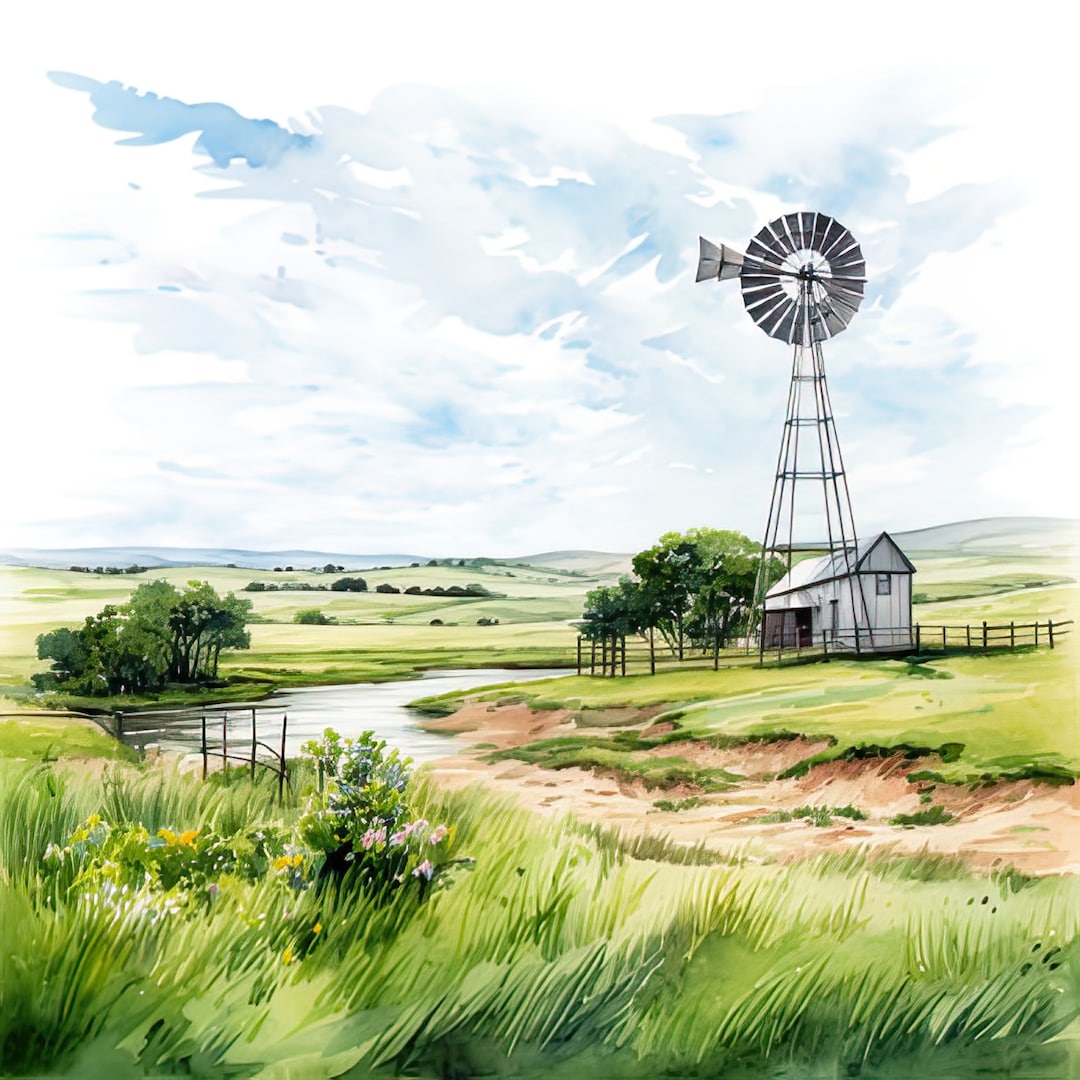 Farm Barns & Windmill Clipart, 15 High Quality Jpgs, Watercolor Farms ...