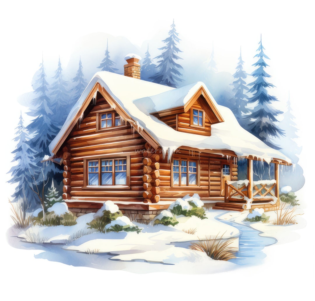 Snow Log Cabin Clipart, 10 High Quality Jpgs, House Clip Art Graphics, Winter Clip Art or Junk ...