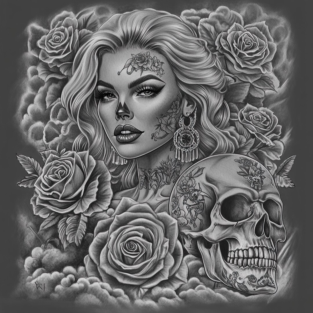 Attractive Woman Skull Chicano Art Clipart, 15 High Quality Jpgs ...