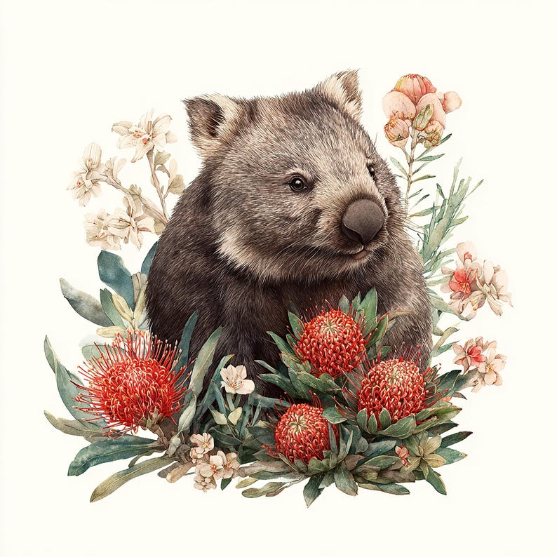 Wombat Watercolor Clipart: Australian Art, Bottlebrush & Banksia ...