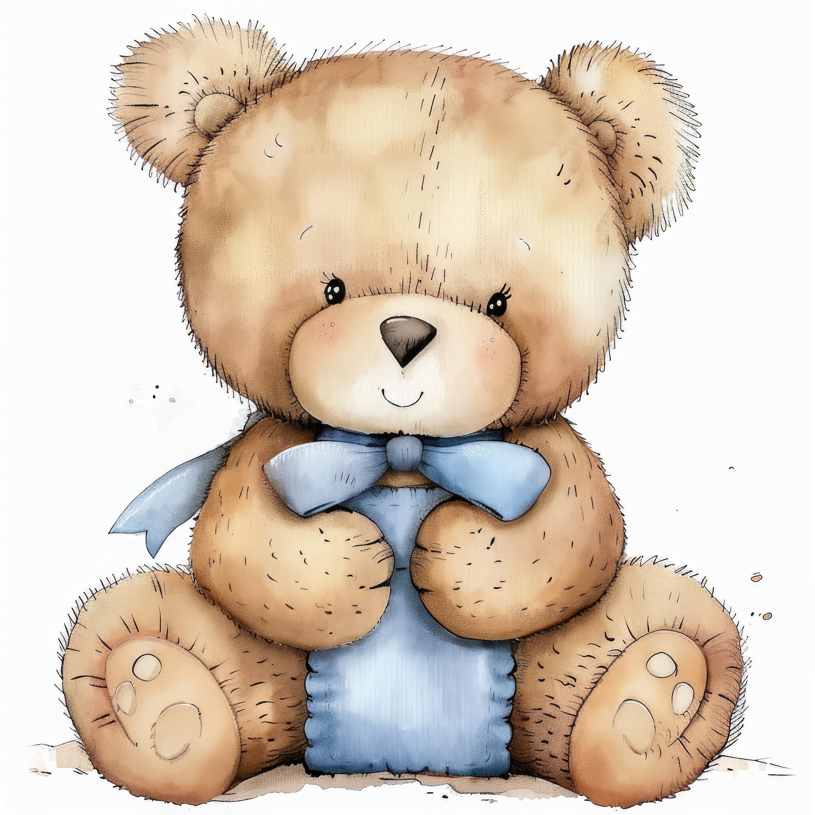 Teddy Bear Clipart: Watercolor Baby Bear With Blue Bow (digital ...