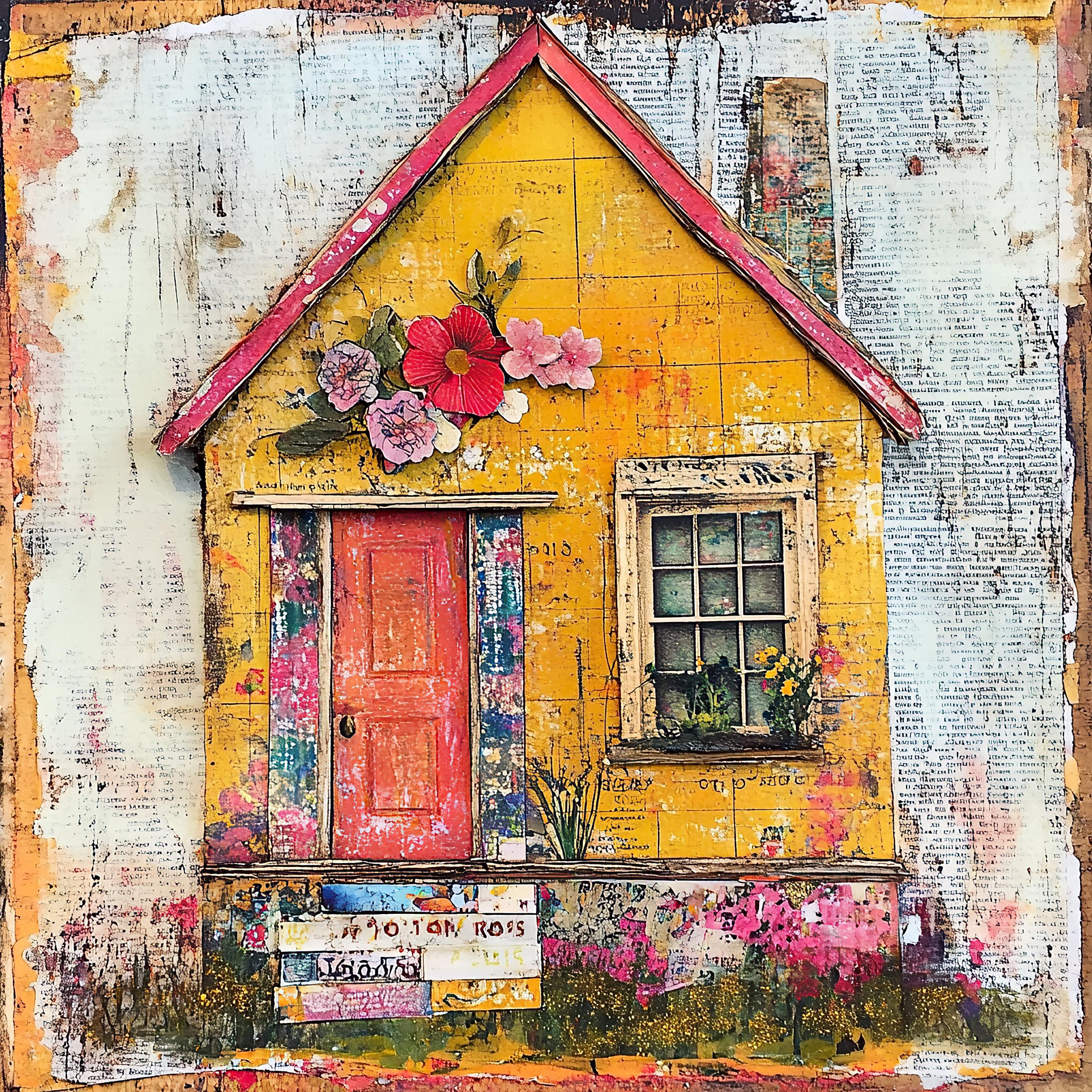 Whimsical Houses Printable Art: Mixed Media Farmhouse (digital Download ...
