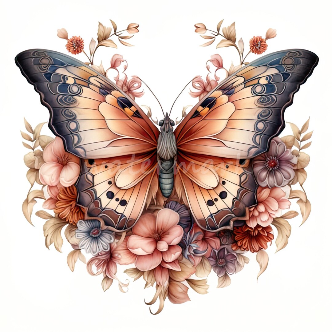 Butterfly With Flowers PNG Clipart, Butterfly PNG Junk Journals 300 DPI ...