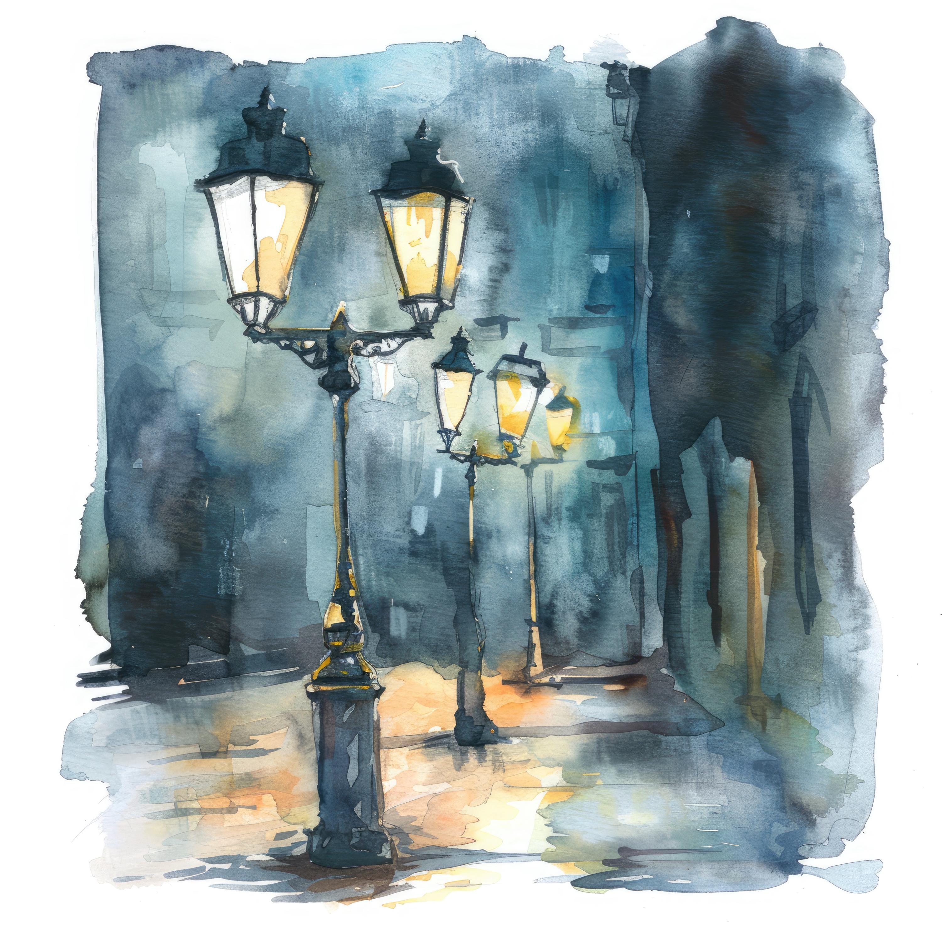 Watercolor European City Nightscape Clipart: Lantern Lit Streets ...