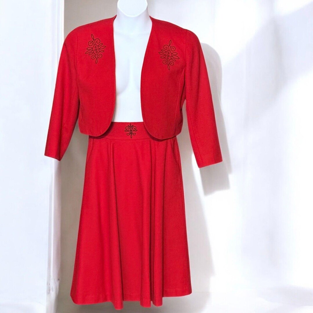Vintage Leslie Fay Red Wool Suit A Line Skirt Elegant Open Jacket Black ...