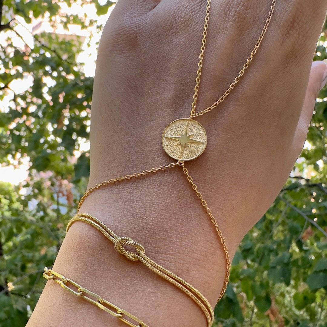 North Star Hand Chain Bracelet, 925k Sterling Silver Adjustable ...
