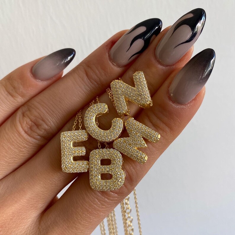 Crystal Bubble Letter Necklace, 14k Gold Balloon Initial Pendant ...