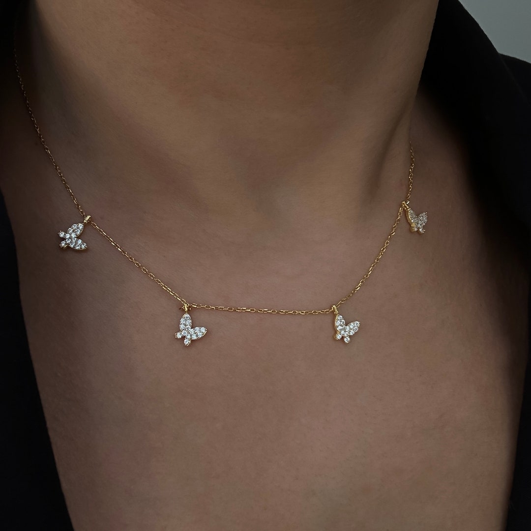 Pave Butterfly Necklace, Dainty Butterfly Pendant, Butterfly Charm Gold ...