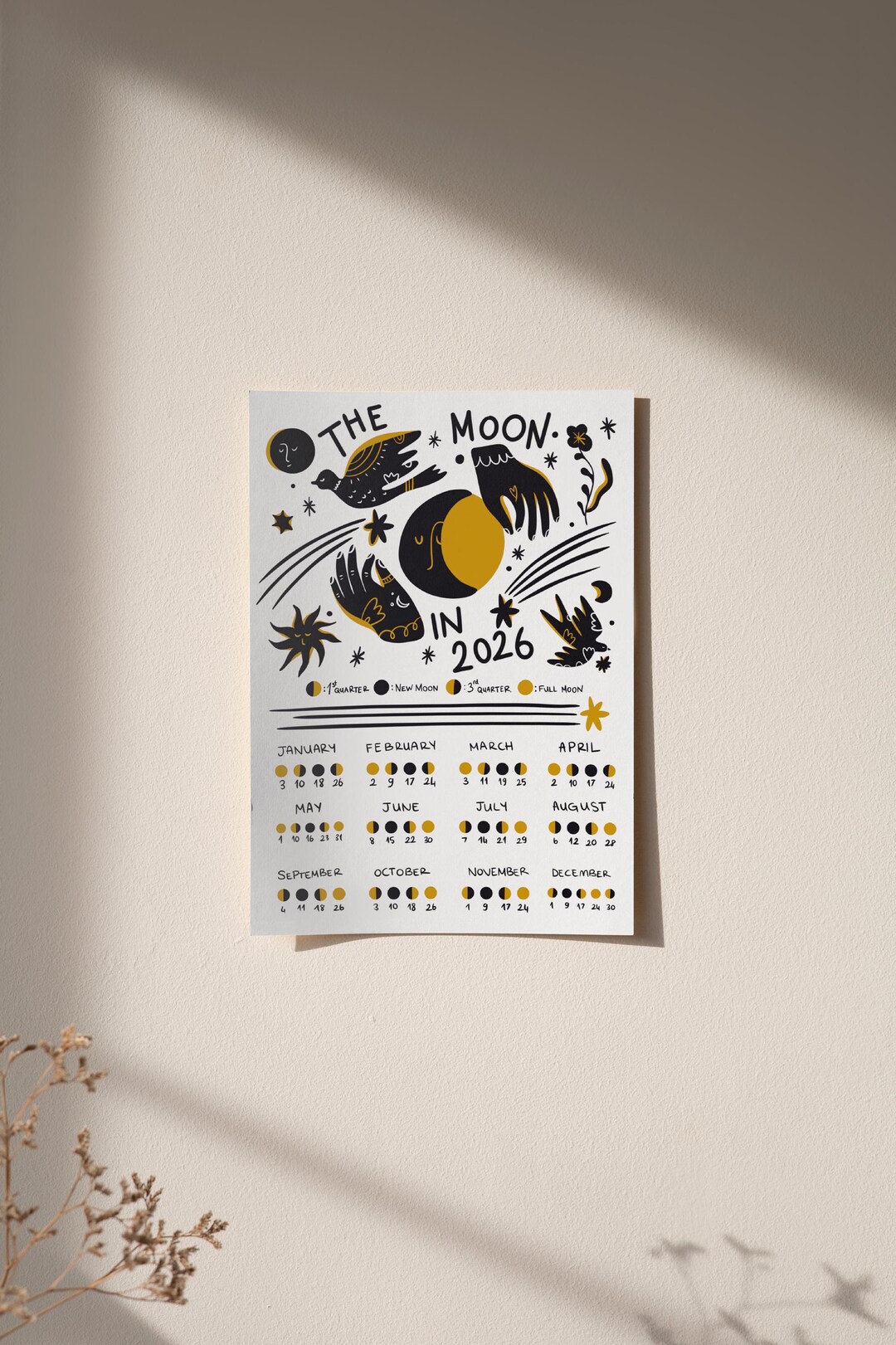 Calendário das Fases da Lua de 2026, Arte Lunar Única para Amantes da ...